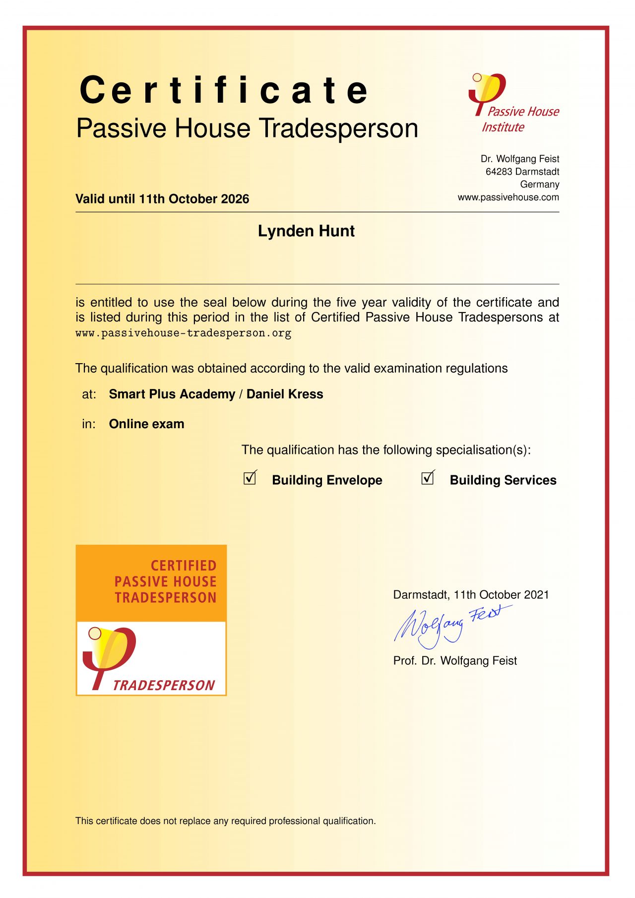 Certification Passive House Tradesperson - Makden Homes Pty Ltd